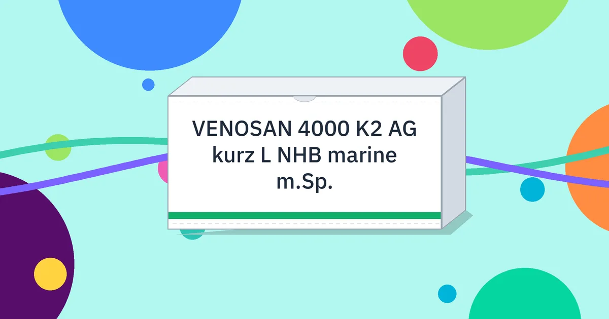 Symbolbild: Packung mit der Aufschrift VENOSAN 4000 K2 AG kurz L NHB marine m.Sp. (PZN 16602439) – Verfügbarkeit und Bezug in Apotheken in Frankfurt am Main
