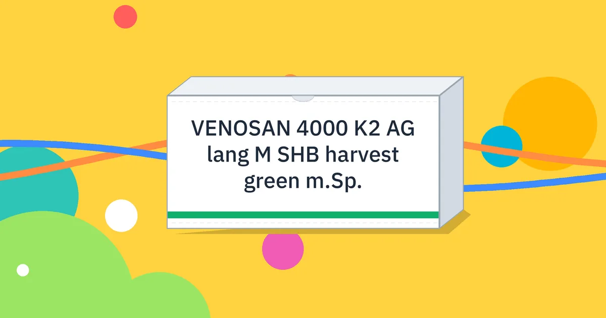 Symbolbild: Packung mit der Aufschrift VENOSAN 4000 K2 AG lang M SHB harvest green m.Sp. (PZN 18847688) – Verfügbarkeit und Bezug in Apotheken in Frankfurt am Main