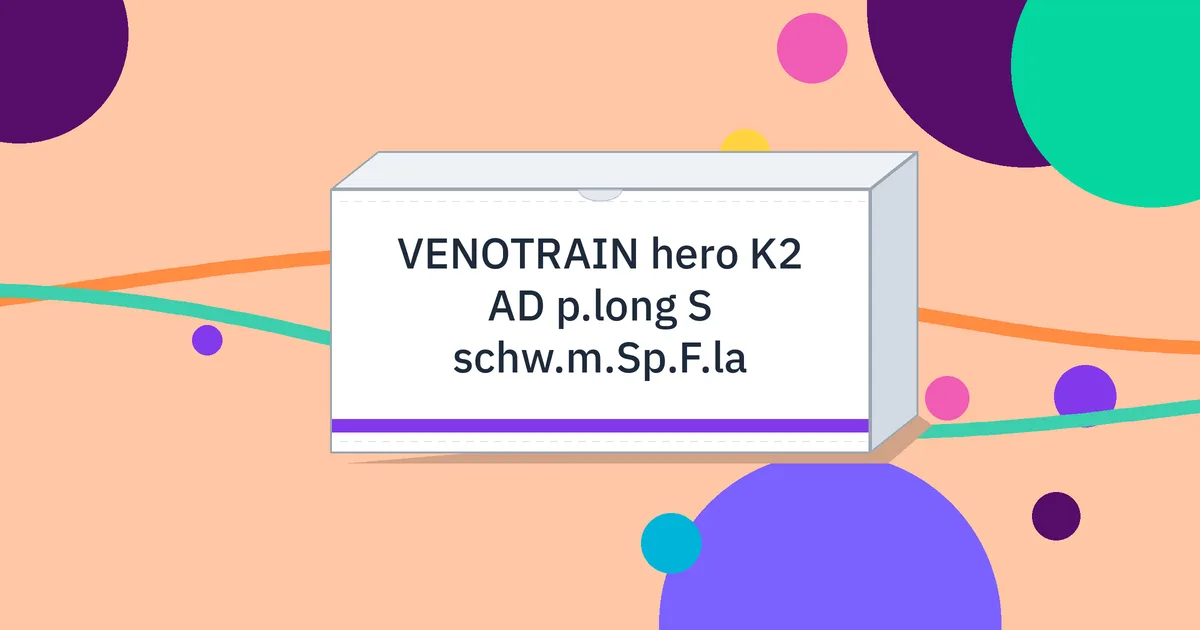 Symbolbild: Packung mit der Aufschrift VENOTRAIN hero K2 AD p.long S schw.m.Sp.F.la (PZN 19190032) – Verfügbarkeit und Bezug in Apotheken in Frankfurt am Main