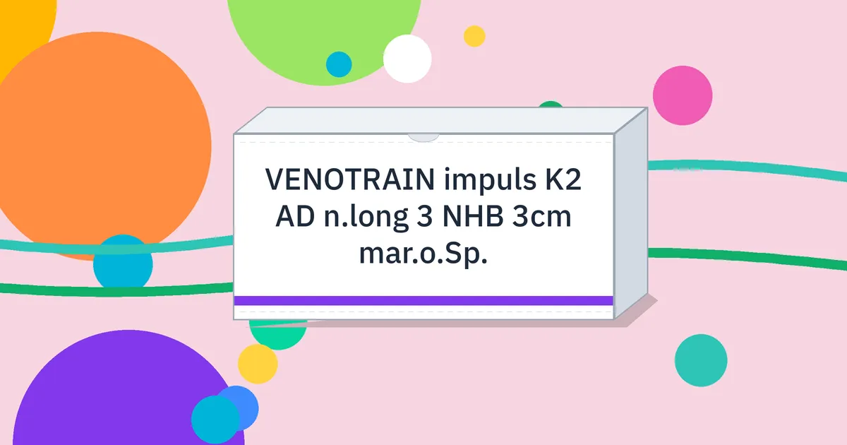 Symbolbild: Packung mit der Aufschrift VENOTRAIN impuls K2 AD n.long 3 NHB 3cm mar.o.Sp. (PZN 15223800) – Verfügbarkeit und Bezug in Apotheken in Frankfurt am Main