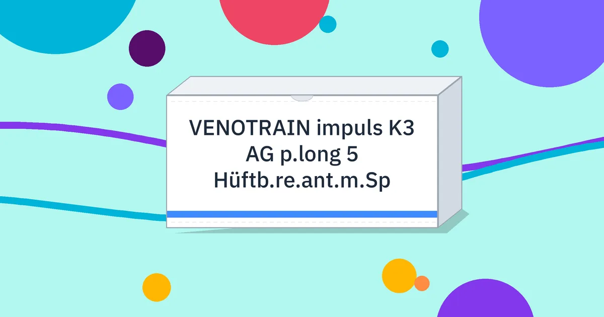 Symbolbild: Packung mit der Aufschrift VENOTRAIN impuls K3 AG p.long 5 Hüftb.re.ant.m.Sp (PZN 15218383) – Verfügbarkeit und Bezug in Apotheken in Frankfurt am Main