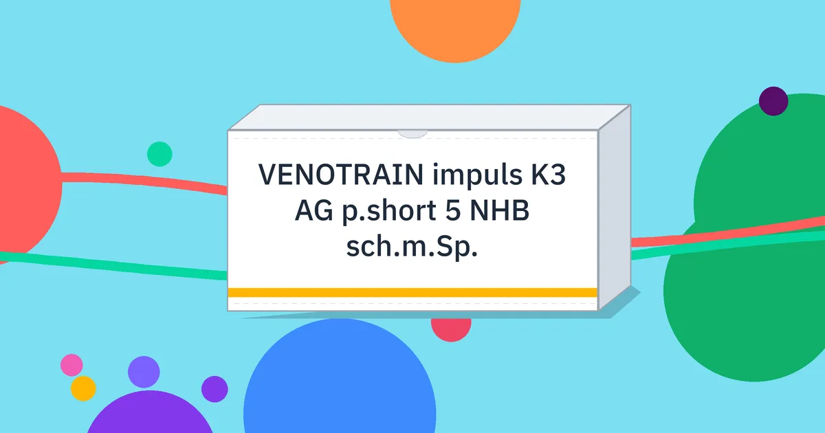 Symbolbild: Packung mit der Aufschrift VENOTRAIN impuls K3 AG p.short 5 NHB sch.m.Sp. (PZN 00530034) – Verfügbarkeit und Bezug in Apotheken in Frankfurt am Main