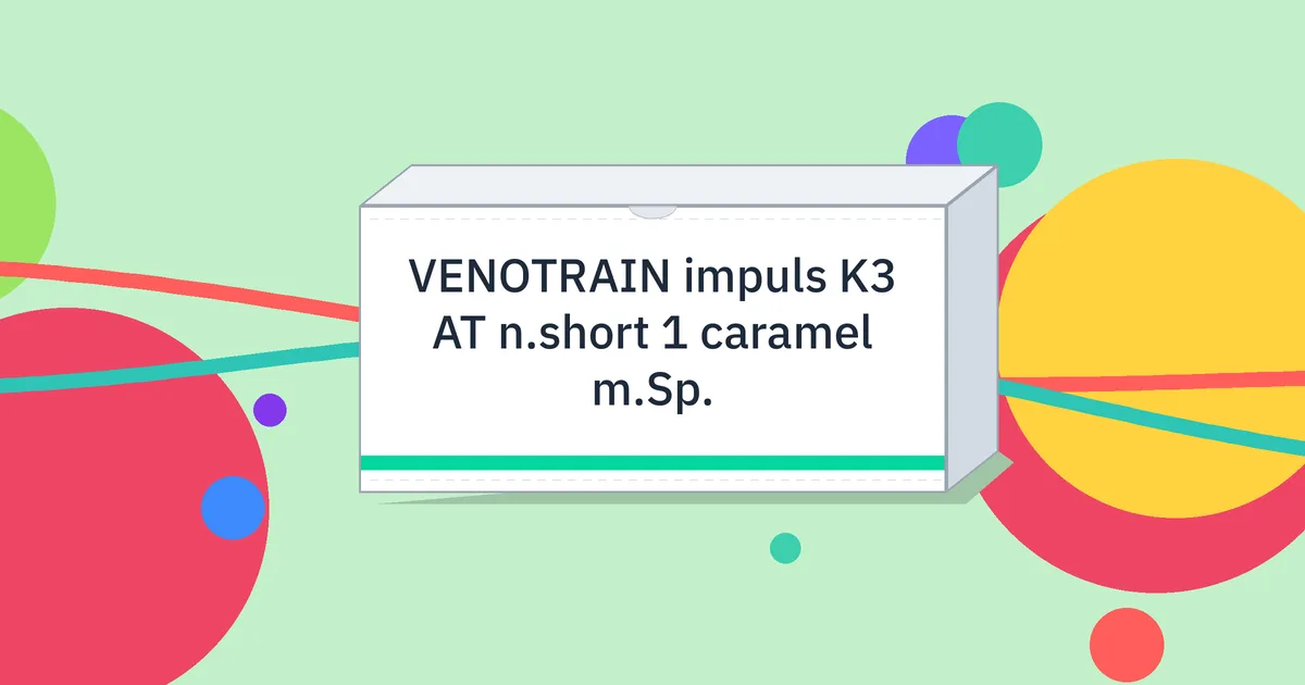 Symbolbild: Packung mit der Aufschrift VENOTRAIN impuls K3 AT n.short 1 caramel m.Sp. (PZN 19354870) – Verfügbarkeit und Bezug in Apotheken in Frankfurt am Main