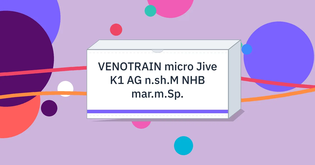 Symbolbild: Packung mit der Aufschrift VENOTRAIN micro Jive K1 AG n.sh.M NHB mar.m.Sp. (PZN 17767237) – Verfügbarkeit und Bezug in Apotheken in Frankfurt am Main