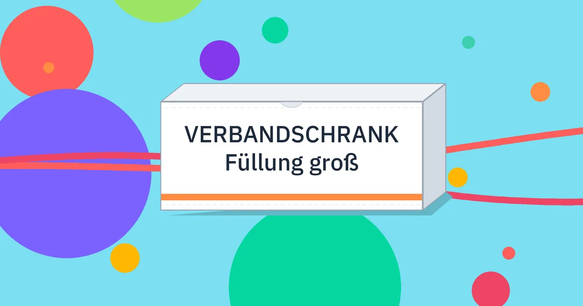 Symbolbild: Packung mit der Aufschrift VERBANDSCHRANK Füllung groß (PZN 01723717) – Verfügbarkeit und Bezug in Apotheken in Frankfurt am Main