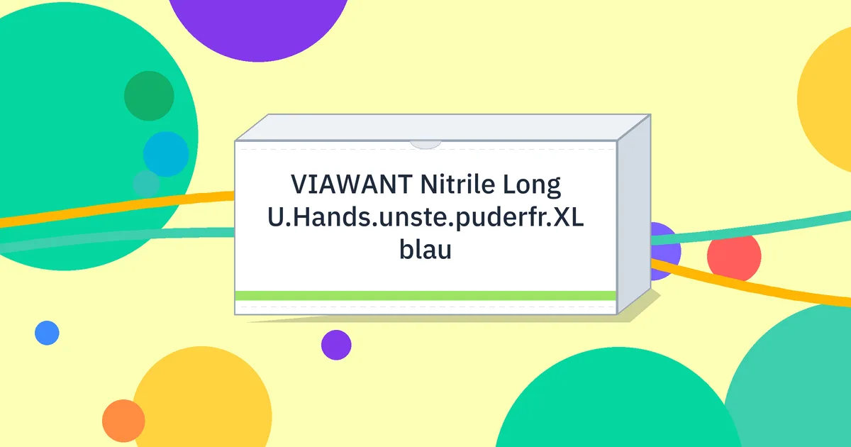 Symbolbild: Packung mit der Aufschrift VIAWANT Nitrile Long U.Hands.unste.puderfr.XL blau (PZN 19999354) – Verfügbarkeit und Bezug in Apotheken in Frankfurt am Main