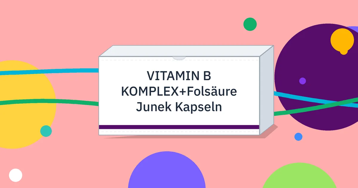 Symbolbild: Packung mit der Aufschrift VITAMIN B KOMPLEX+Folsäure Junek Kapseln (PZN 04723505) – Verfügbarkeit und Bezug in Apotheken in Frankfurt am Main