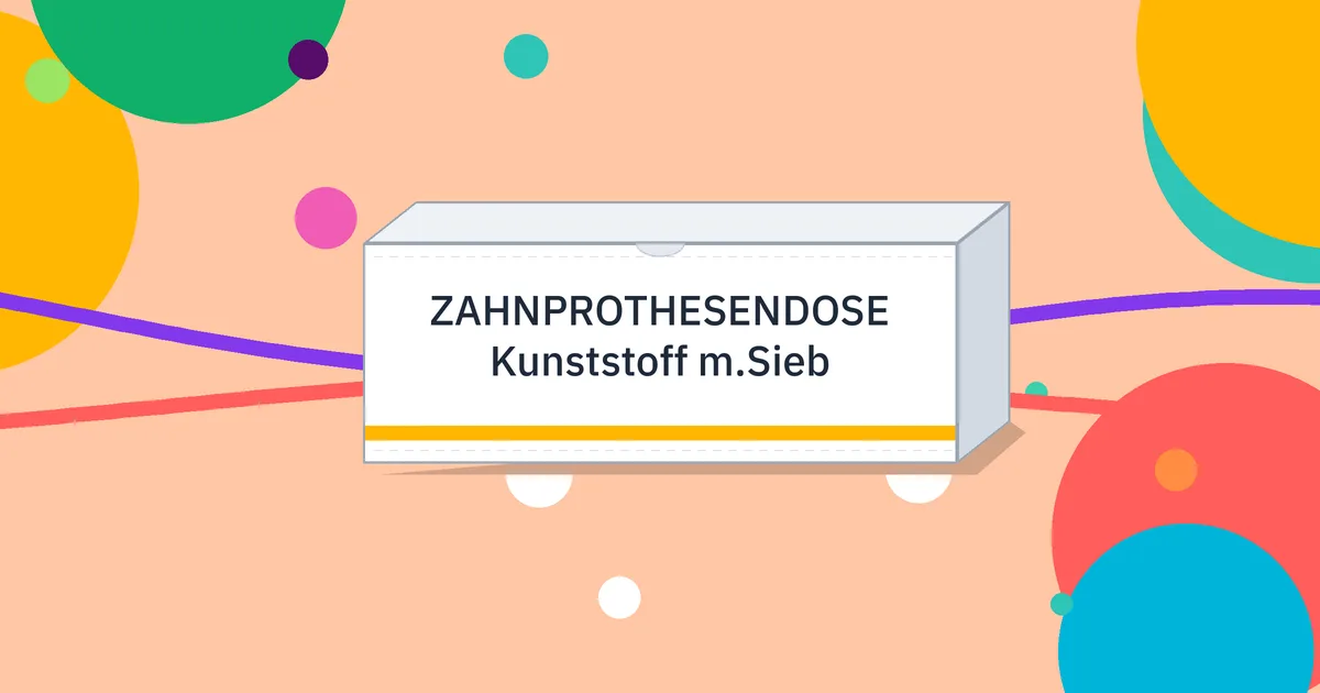 Symbolbild: Packung mit der Aufschrift ZAHNPROTHESENDOSE Kunststoff m.Sieb (PZN 04664062) – Verfügbarkeit und Bezug in Apotheken in Frankfurt am Main