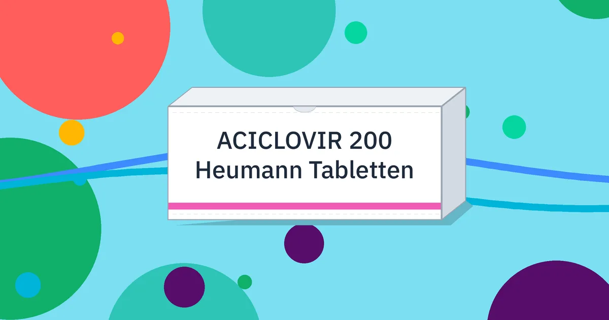 Symbolbild: Packung mit der Aufschrift ACICLOVIR 200 Heumann Tabletten (PZN 06977871) – Verfügbarkeit und Bezug in Apotheken in Frankfurt am Main