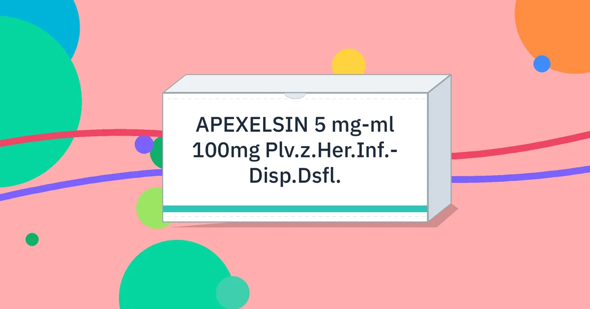 Symbolbild: Packung mit der Aufschrift APEXELSIN 5 mg-ml 100mg Plv.z.Her.Inf.-Disp.Dsfl. (PZN 19399890) – Verfügbarkeit und Bezug in Apotheken in Frankfurt am Main