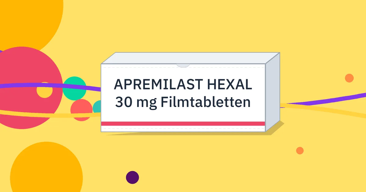 Symbolbild: Packung mit der Aufschrift APREMILAST HEXAL 30 mg Filmtabletten (PZN 19794652) – Verfügbarkeit und Bezug in Apotheken in Frankfurt am Main