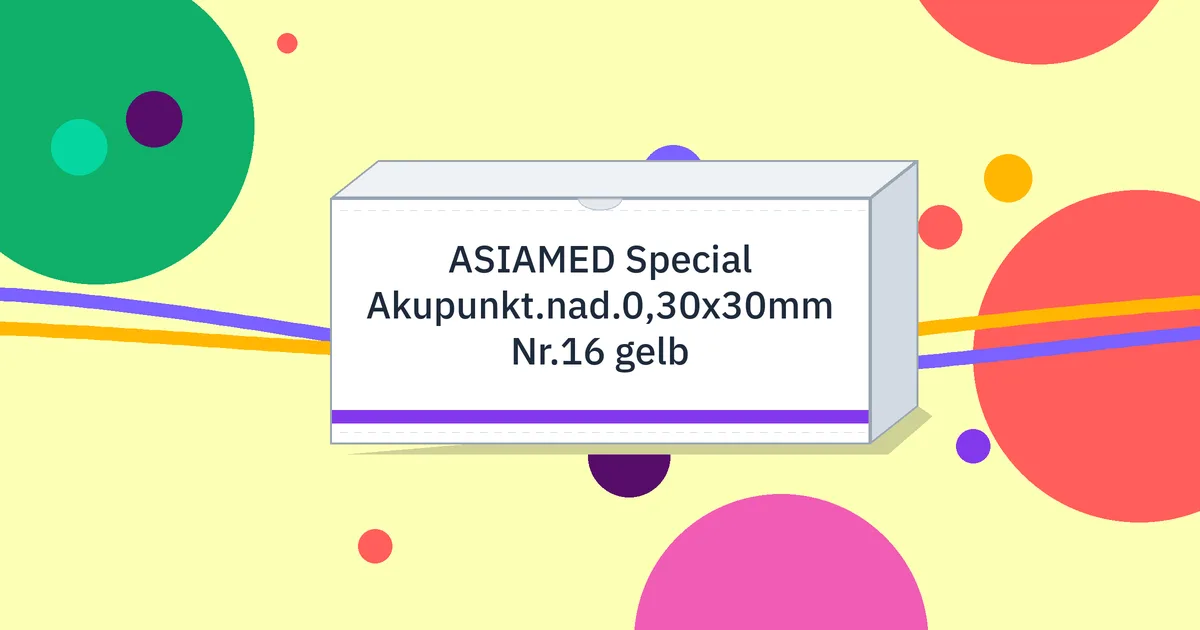 Symbolbild: Packung mit der Aufschrift ASIAMED Special Akupunkt.nad.0,30x30mm Nr.16 gelb (PZN 18321874) – Verfügbarkeit und Bezug in Apotheken in Frankfurt am Main