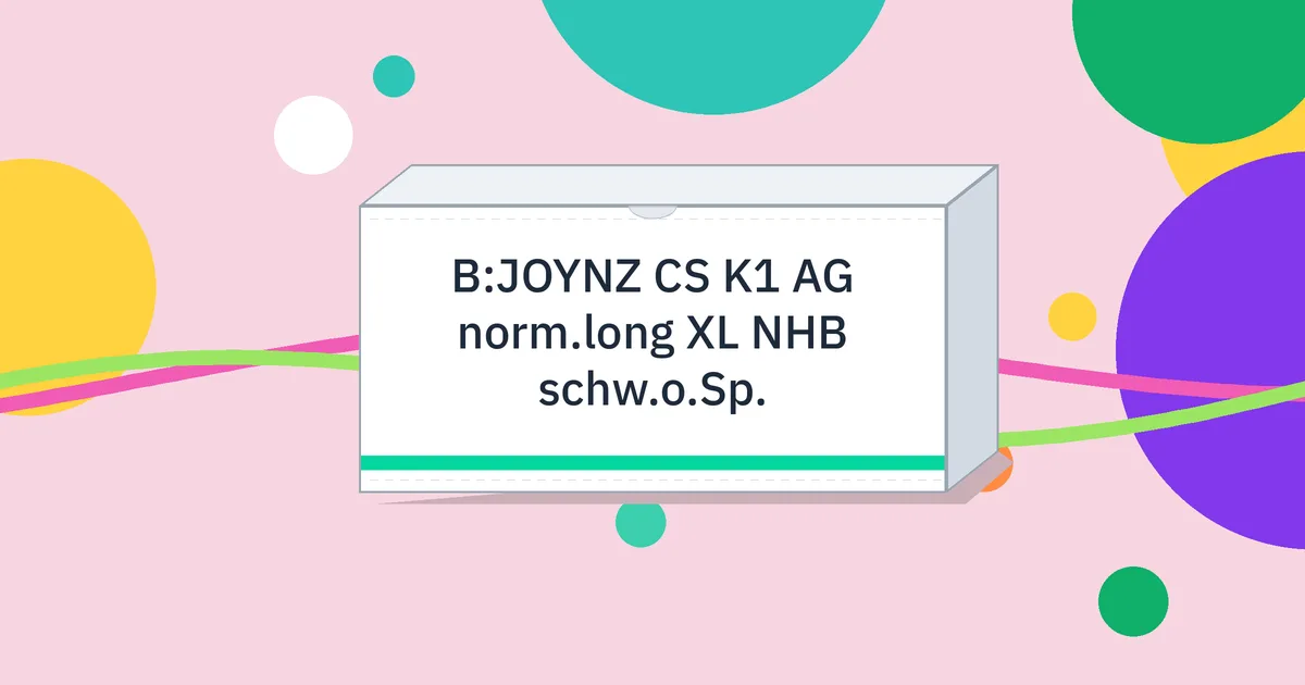 Symbolbild: Packung mit der Aufschrift B:JOYNZ CS K1 AG norm.long XL NHB schw.o.Sp. (PZN 20531320) – Verfügbarkeit und Bezug in Apotheken in Frankfurt am Main