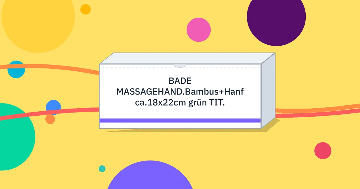 Symbolbild: Packung mit der Aufschrift BADE MASSAGEHAND.Bambus+Hanf ca.18x22cm grün TIT. (PZN 14154830) – Verfügbarkeit und Bezug in Apotheken in Frankfurt am Main