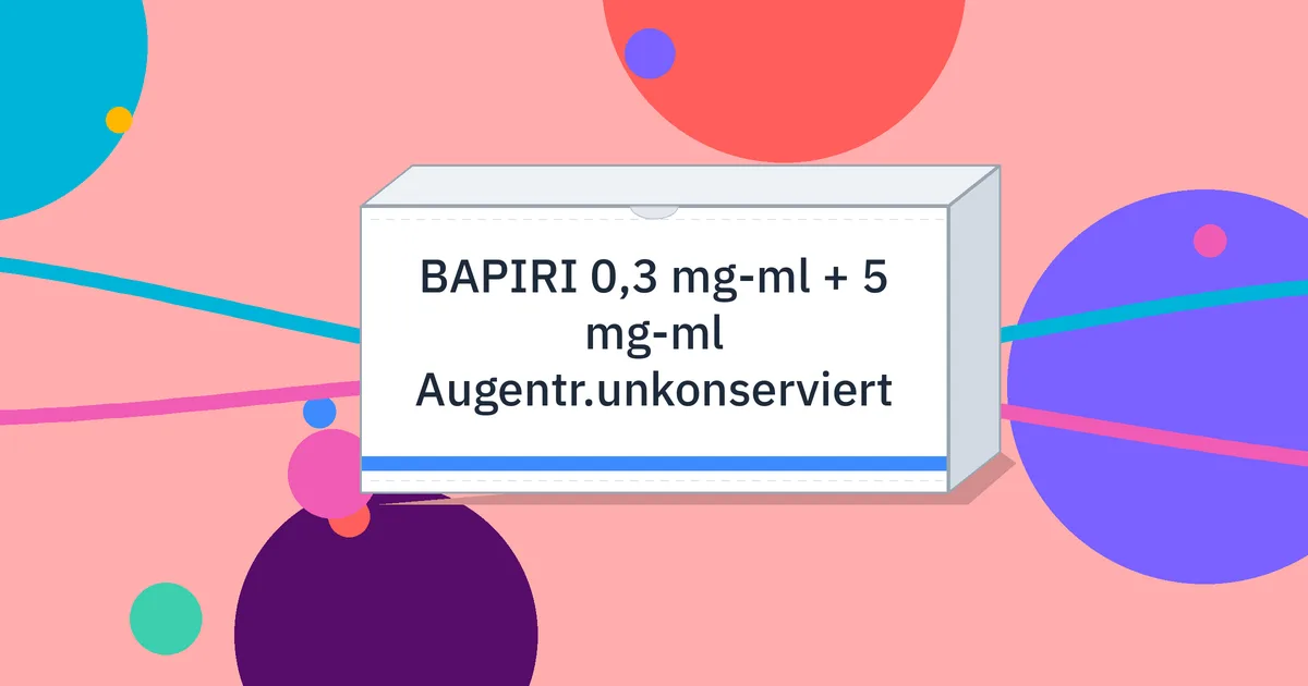 Symbolbild: Packung mit der Aufschrift BAPIRI 0,3 mg-ml + 5 mg-ml Augentr.unkonserviert (PZN 18318984) – Verfügbarkeit und Bezug in Apotheken in Frankfurt am Main