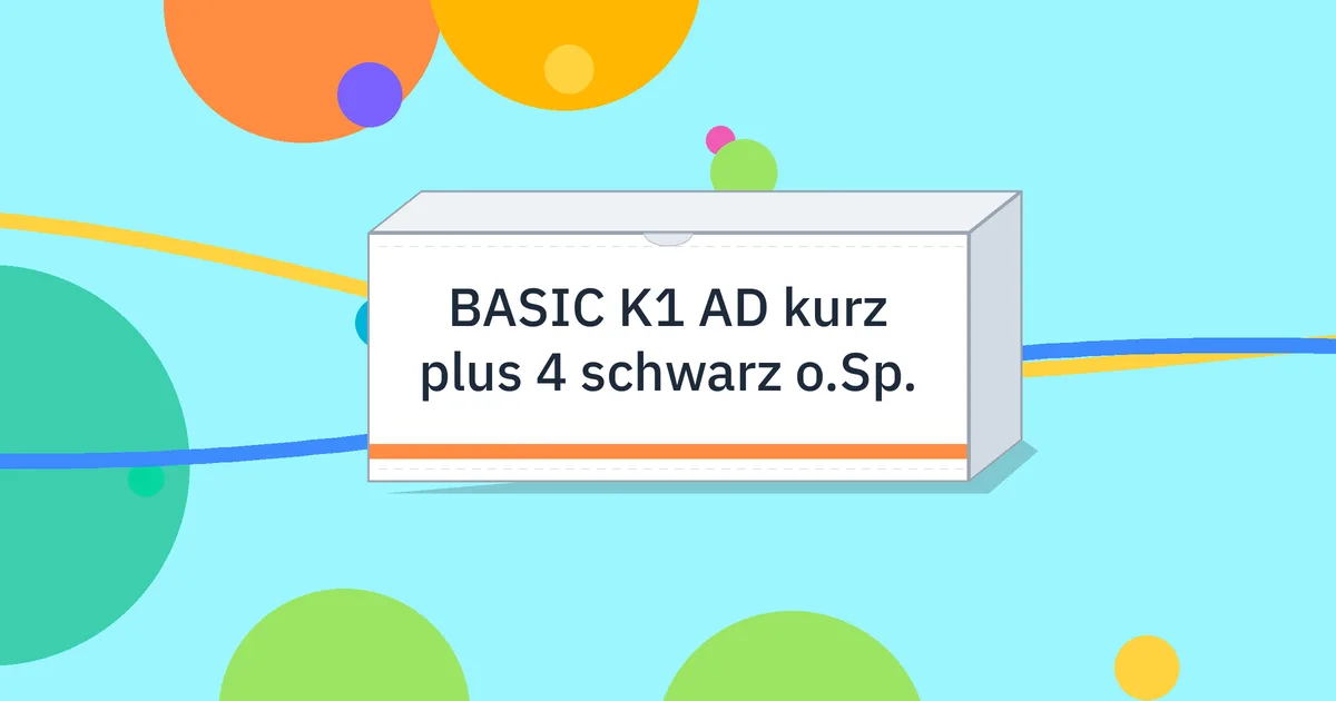 Symbolbild: Packung mit der Aufschrift BASIC K1 AD kurz plus 4 schwarz o.Sp. (PZN 20258261) – Verfügbarkeit und Bezug in Apotheken in Frankfurt am Main
