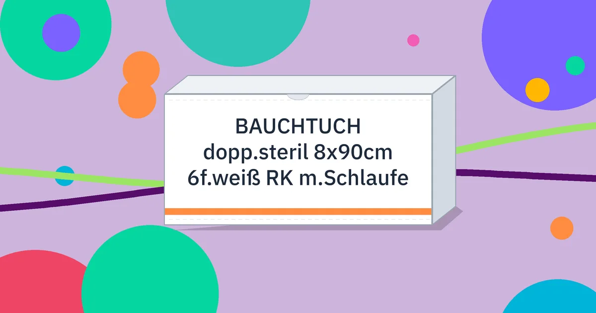 Symbolbild: Packung mit der Aufschrift BAUCHTUCH dopp.steril 8x90cm 6f.weiß RK m.Schlaufe (PZN 13166245) – Verfügbarkeit und Bezug in Apotheken in Frankfurt am Main