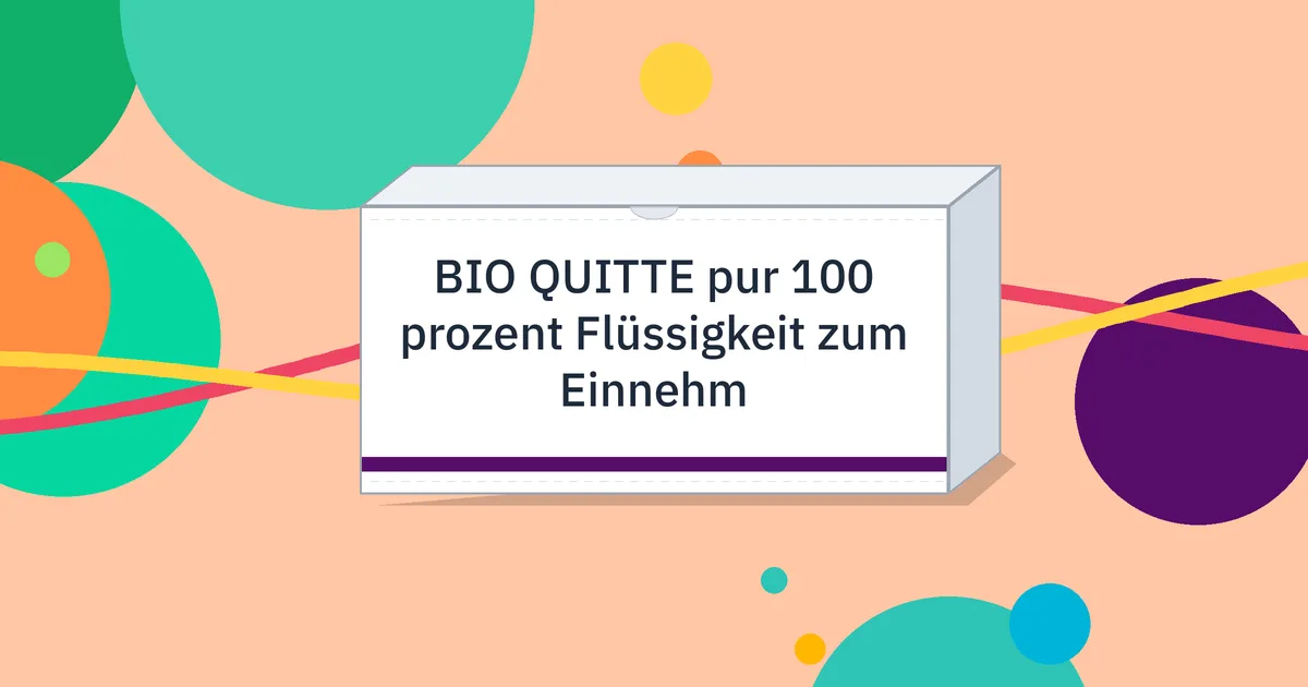 Symbolbild: Packung mit der Aufschrift BIO QUITTE pur 100 prozent Flüssigkeit zum Einnehm (PZN 18713290) – Verfügbarkeit und Bezug in Apotheken in Frankfurt am Main
