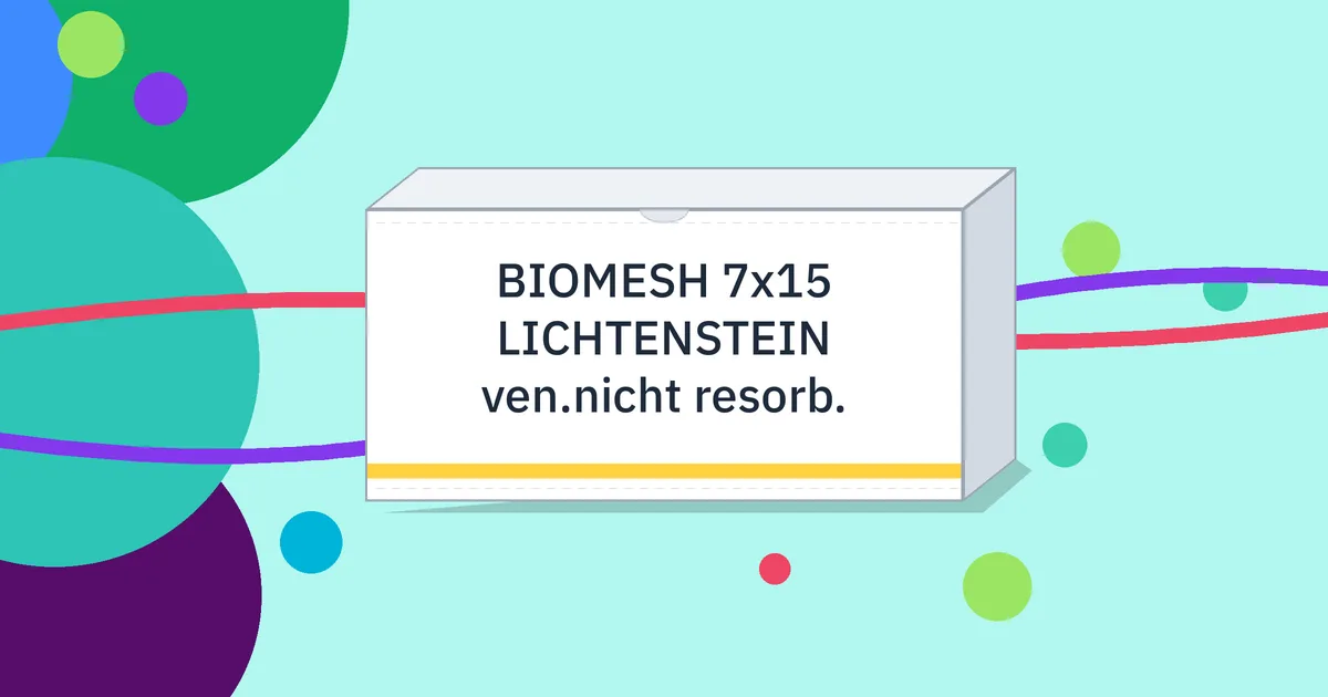 Symbolbild: Packung mit der Aufschrift BIOMESH 7x15 LICHTENSTEIN ven.nicht resorb. (PZN 19504683) – Verfügbarkeit und Bezug in Apotheken in Frankfurt am Main