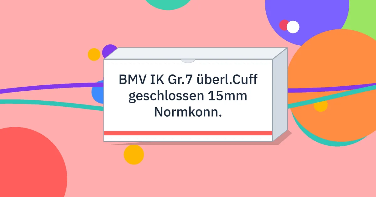 Symbolbild: Packung mit der Aufschrift BMV IK Gr.7 überl.Cuff geschlossen 15mm Normkonn. (PZN 18381770) – Verfügbarkeit und Bezug in Apotheken in Frankfurt am Main