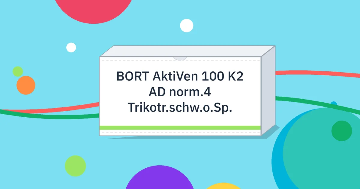 Symbolbild: Packung mit der Aufschrift BORT AktiVen 100 K2 AD norm.4 Trikotr.schw.o.Sp. (PZN 14386569) – Verfügbarkeit und Bezug in Apotheken in Frankfurt am Main