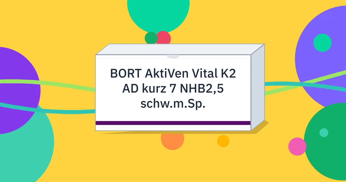 Symbolbild: Packung mit der Aufschrift BORT AktiVen Vital K2 AD kurz 7 NHB2,5 schw.m.Sp. (PZN 17498205) – Verfügbarkeit und Bezug in Apotheken in Frankfurt am Main