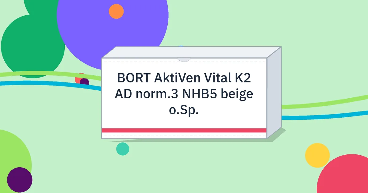 Symbolbild: Packung mit der Aufschrift BORT AktiVen Vital K2 AD norm.3 NHB5 beige o.Sp. (PZN 17494118) – Verfügbarkeit und Bezug in Apotheken in Frankfurt am Main