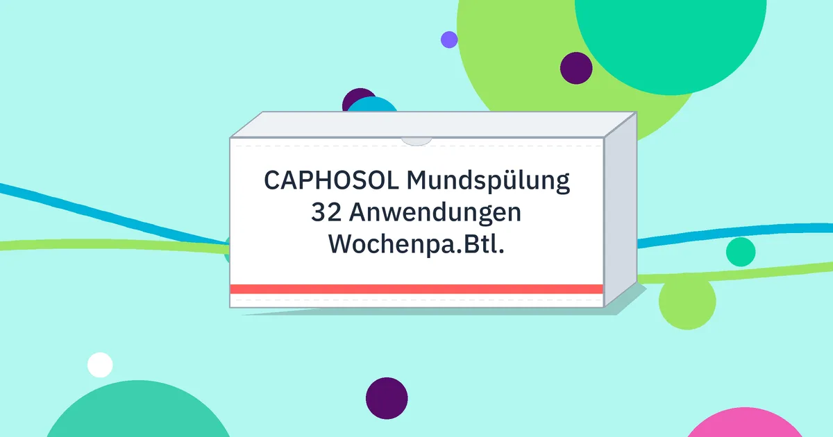 Symbolbild: Packung mit der Aufschrift CAPHOSOL Mundspülung 32 Anwendungen Wochenpa.Btl. (PZN 18156441) – Verfügbarkeit und Bezug in Apotheken in Frankfurt am Main