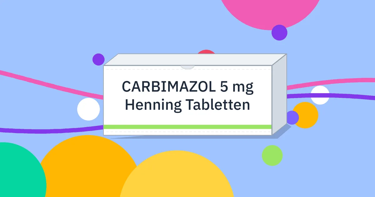 Symbolbild: Packung mit der Aufschrift CARBIMAZOL 5 mg Henning Tabletten (PZN 03735908) – Verfügbarkeit und Bezug in Apotheken in Frankfurt am Main