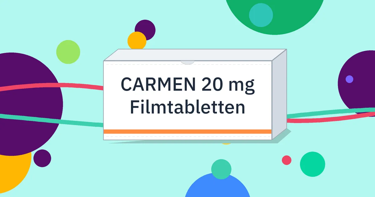 Symbolbild: Packung mit der Aufschrift CARMEN 20 mg Filmtabletten (PZN 00544378) – Verfügbarkeit und Bezug in Apotheken in Frankfurt am Main