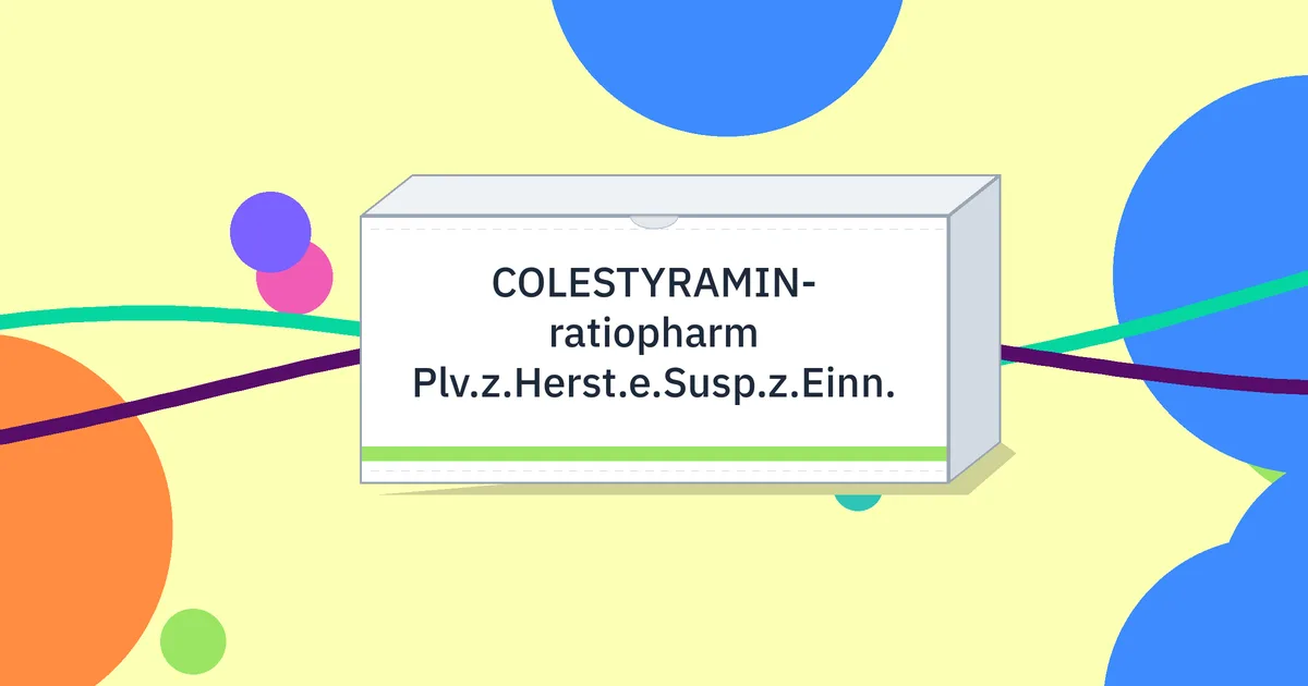Symbolbild: Packung mit der Aufschrift COLESTYRAMIN-ratiopharm Plv.z.Herst.e.Susp.z.Einn. (PZN 03740269) – Verfügbarkeit und Bezug in Apotheken in Frankfurt am Main