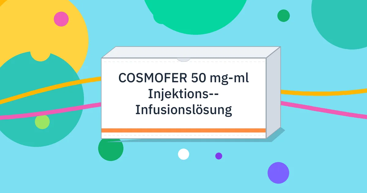 Symbolbild: Packung mit der Aufschrift COSMOFER 50 mg-ml Injektions--Infusionslösung (PZN 12376727) – Verfügbarkeit und Bezug in Apotheken in Frankfurt am Main