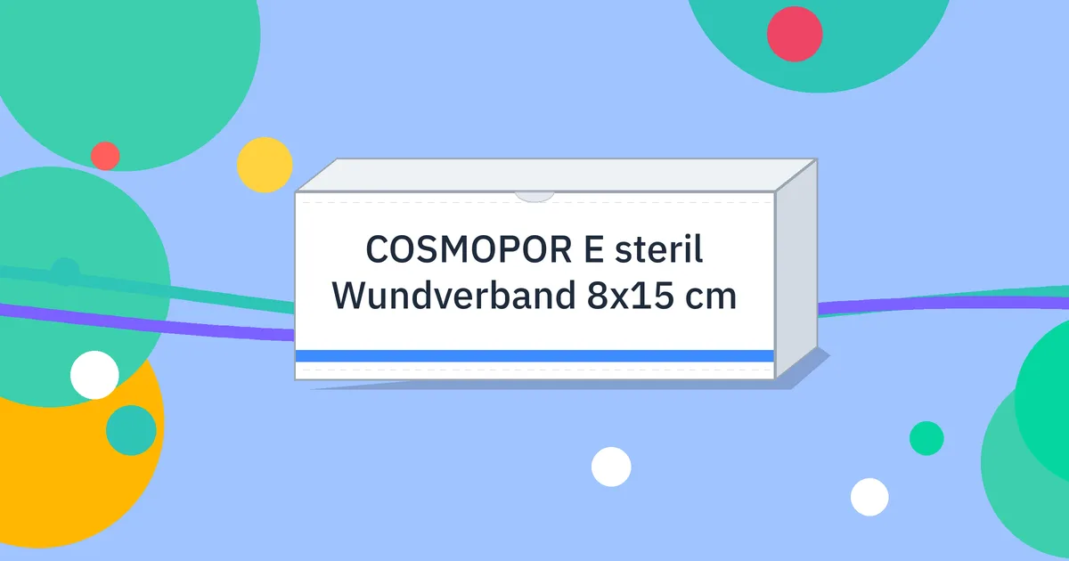 Symbolbild: Packung mit der Aufschrift COSMOPOR E steril Wundverband 8x15 cm (PZN 18891761) – Verfügbarkeit und Bezug in Apotheken in Frankfurt am Main