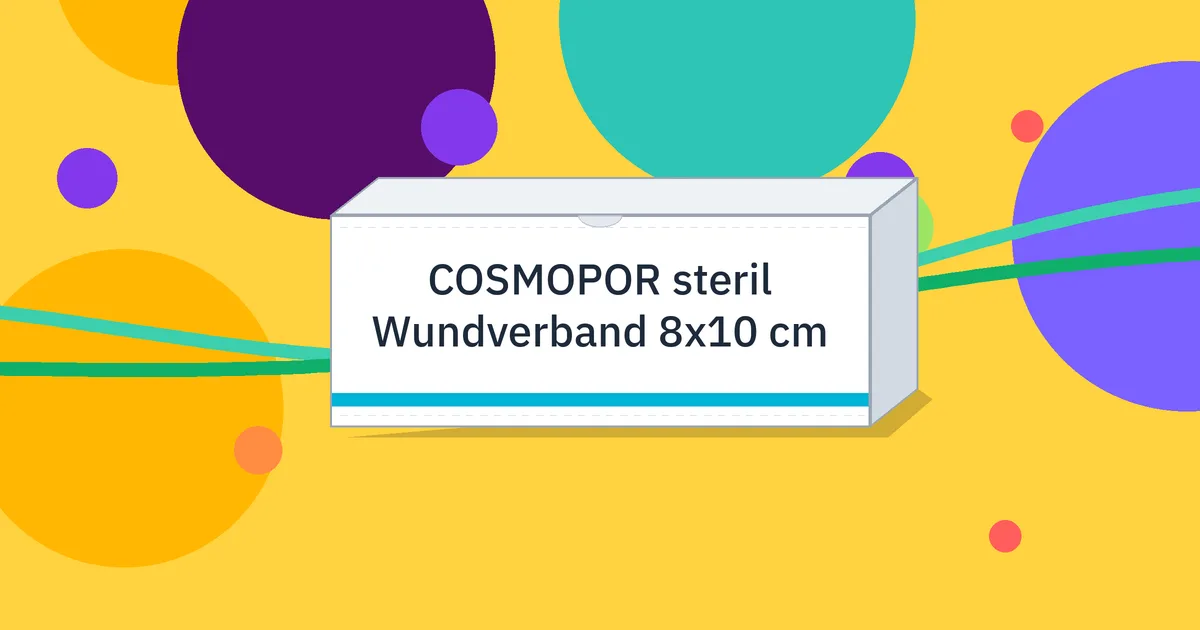 Symbolbild: Packung mit der Aufschrift COSMOPOR steril Wundverband 8x10 cm (PZN 16205135) – Verfügbarkeit und Bezug in Apotheken in Frankfurt am Main