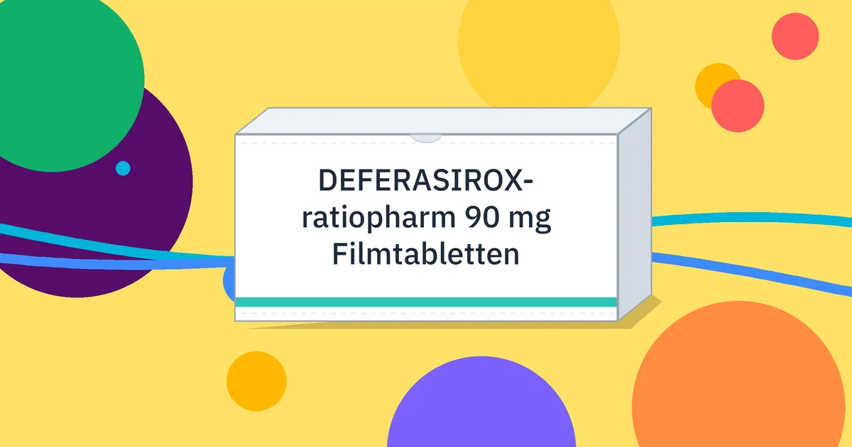 Symbolbild: Packung mit der Aufschrift DEFERASIROX-ratiopharm 90 mg Filmtabletten (PZN 17449879) – Verfügbarkeit und Bezug in Apotheken in Frankfurt am Main