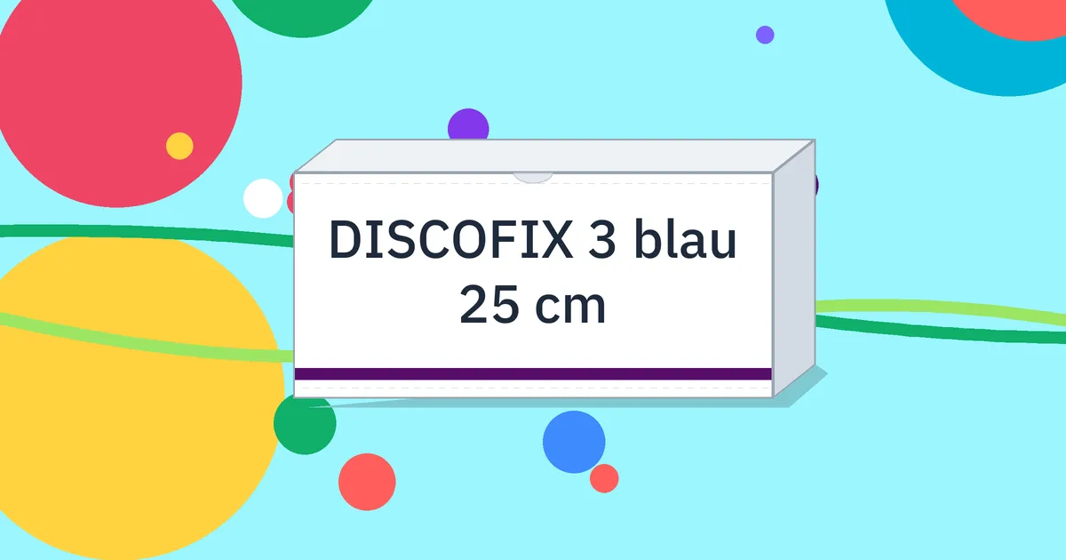 Symbolbild: Packung mit der Aufschrift DISCOFIX 3 blau 25 cm (PZN 07114764) – Verfügbarkeit und Bezug in Apotheken in Frankfurt am Main