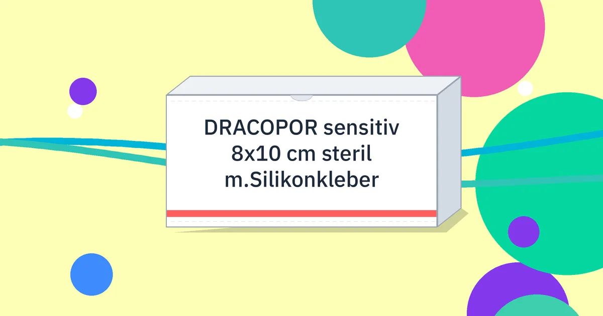Symbolbild: Packung mit der Aufschrift DRACOPOR sensitiv 8x10 cm steril m.Silikonkleber (PZN 17183128) – Verfügbarkeit und Bezug in Apotheken in Frankfurt am Main