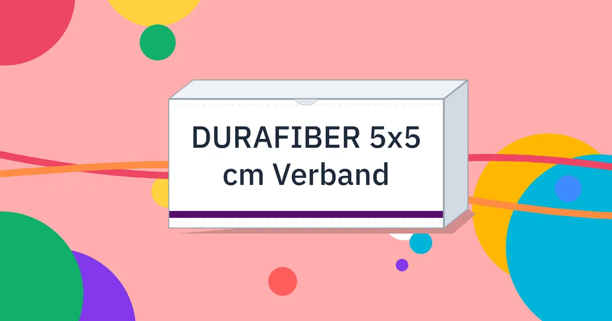 Symbolbild: Packung mit der Aufschrift DURAFIBER 5x5 cm Verband (PZN 00283015) – Verfügbarkeit und Bezug in Apotheken in Frankfurt am Main
