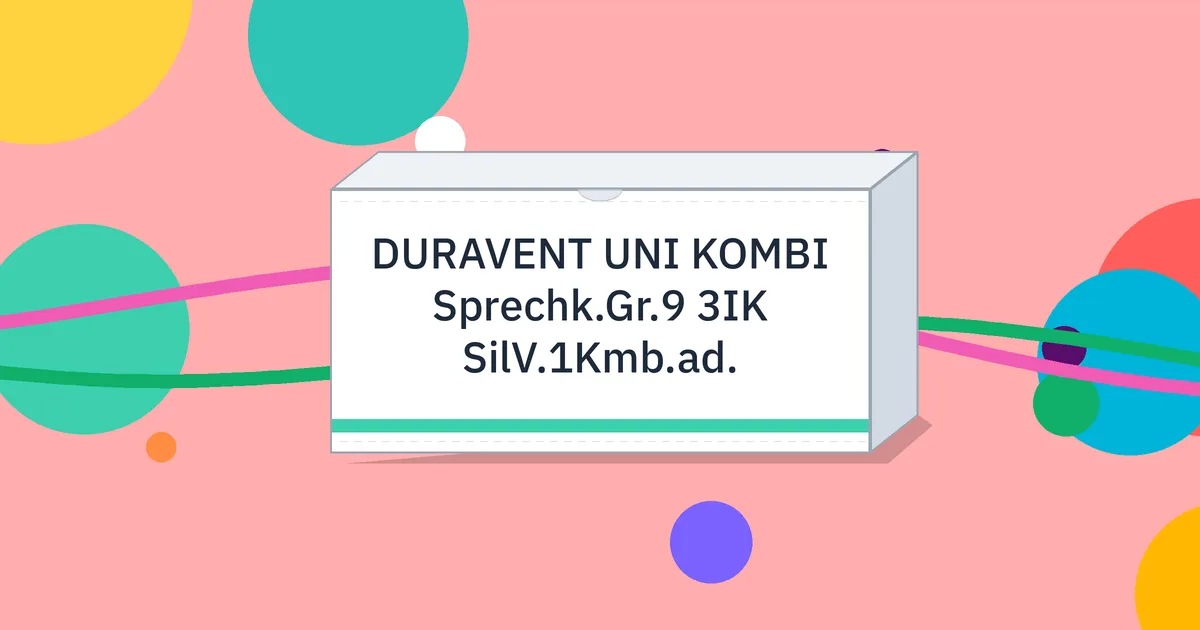 Symbolbild: Packung mit der Aufschrift DURAVENT UNI KOMBI Sprechk.Gr.9 3IK SilV.1Kmb.ad. (PZN 06996845) – Verfügbarkeit und Bezug in Apotheken in Frankfurt am Main