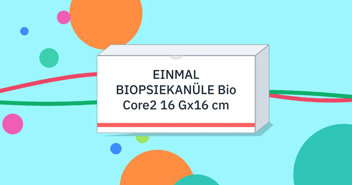 Symbolbild: Packung mit der Aufschrift EINMAL BIOPSIEKANÜLE Bio Core2 16 Gx16 cm (PZN 10184679) – Verfügbarkeit und Bezug in Apotheken in Frankfurt am Main