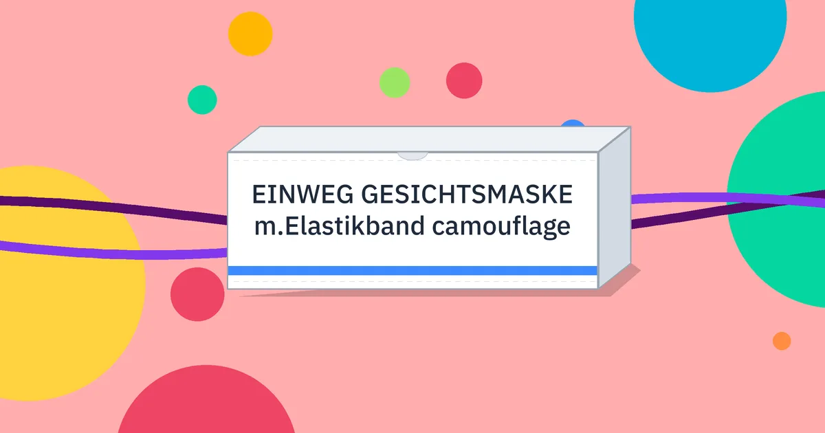 Symbolbild: Packung mit der Aufschrift EINWEG GESICHTSMASKE m.Elastikband camouflage (PZN 17174342) – Verfügbarkeit und Bezug in Apotheken in Frankfurt am Main