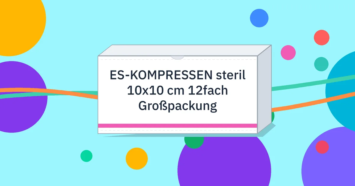 Symbolbild: Packung mit der Aufschrift ES-KOMPRESSEN steril 10x10 cm 12fach Großpackung (PZN 18736279) – Verfügbarkeit und Bezug in Apotheken in Frankfurt am Main