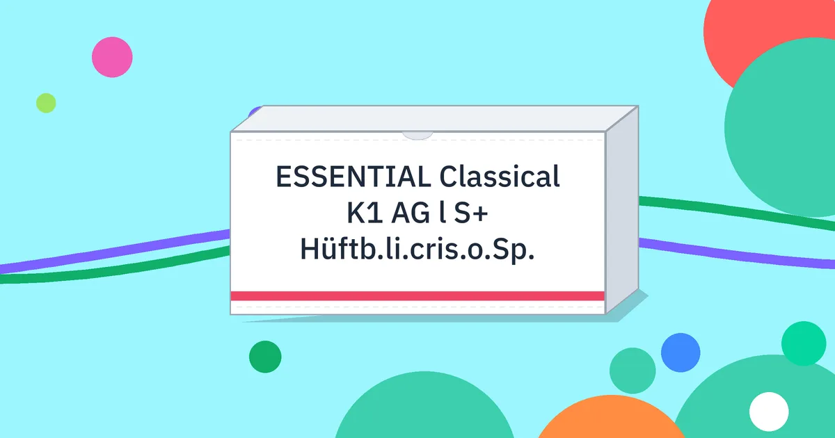 Symbolbild: Packung mit der Aufschrift ESSENTIAL Classical K1 AG l S+ Hüftb.li.cris.o.Sp. (PZN 17012013) – Verfügbarkeit und Bezug in Apotheken in Frankfurt am Main