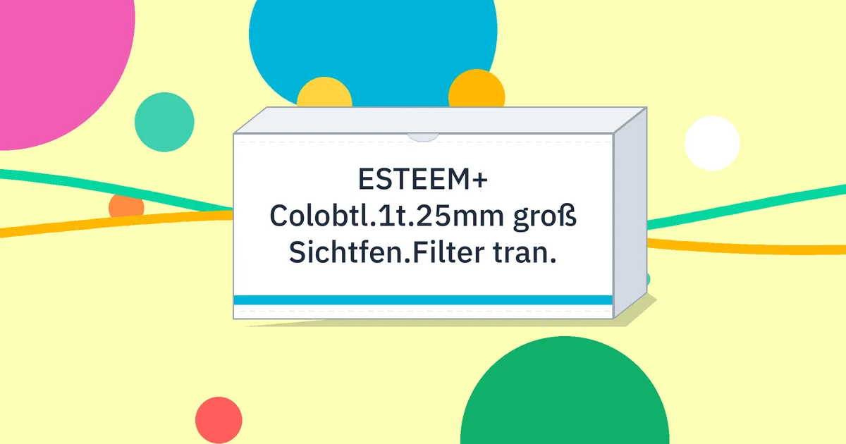 Symbolbild: Packung mit der Aufschrift ESTEEM+ Colobtl.1t.25mm groß Sichtfen.Filter tran. (PZN 13233183) – Verfügbarkeit und Bezug in Apotheken in Frankfurt am Main