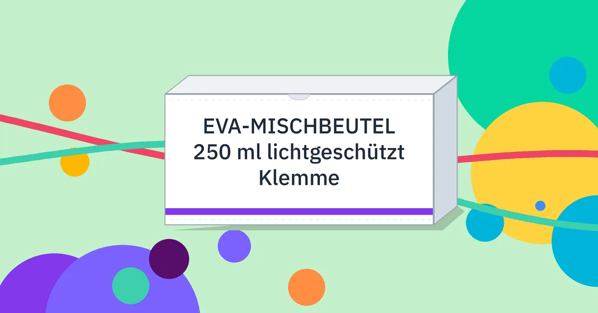 Symbolbild: Packung mit der Aufschrift EVA-MISCHBEUTEL 250 ml lichtgeschützt Klemme (PZN 19107433) – Verfügbarkeit und Bezug in Apotheken in Frankfurt am Main