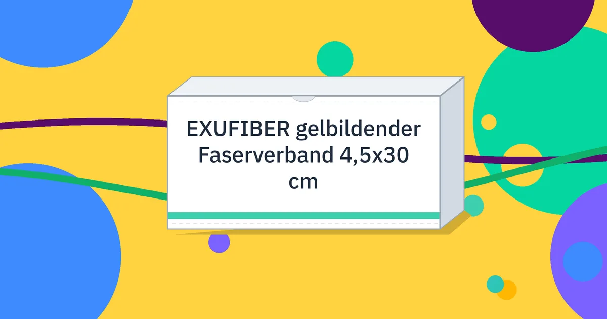 Symbolbild: Packung mit der Aufschrift EXUFIBER gelbildender Faserverband 4,5x30 cm (PZN 11147338) – Verfügbarkeit und Bezug in Apotheken in Frankfurt am Main