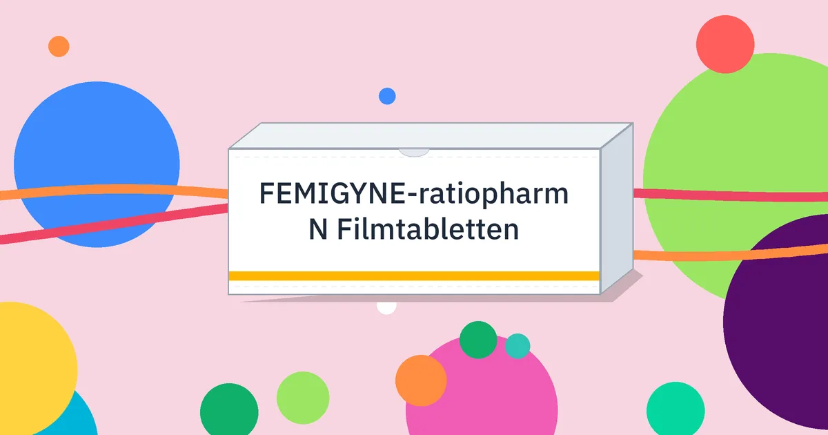 Symbolbild: Packung mit der Aufschrift FEMIGYNE-ratiopharm N Filmtabletten (PZN 07424358) – Verfügbarkeit und Bezug in Apotheken in Frankfurt am Main