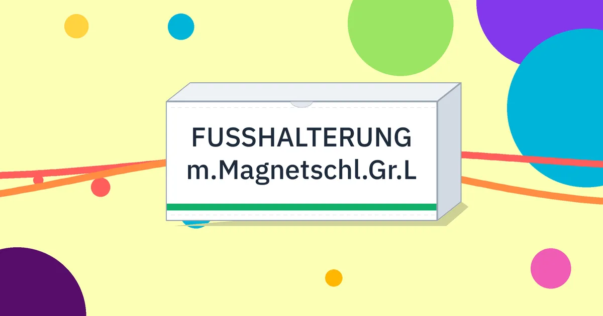 Symbolbild: Packung mit der Aufschrift FUSSHALTERUNG m.Magnetschl.Gr.L (PZN 09168020) – Verfügbarkeit und Bezug in Apotheken in Frankfurt am Main