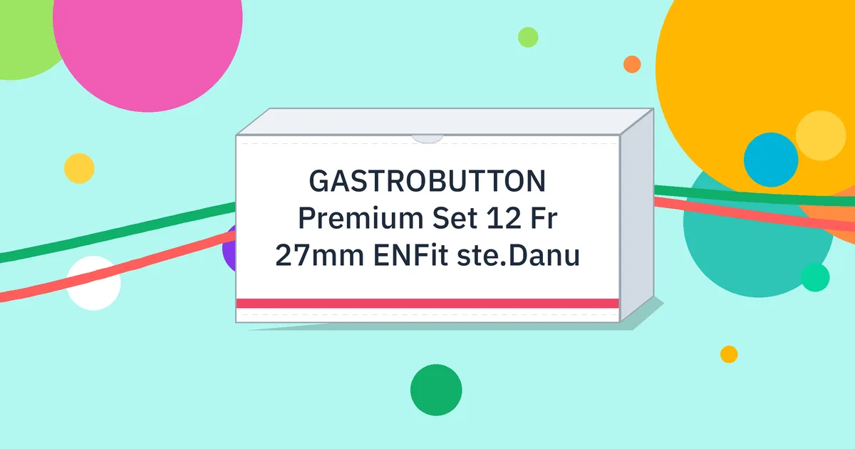 Symbolbild: Packung mit der Aufschrift GASTROBUTTON Premium Set 12 Fr 27mm ENFit ste.Danu (PZN 16883303) – Verfügbarkeit und Bezug in Apotheken in Frankfurt am Main
