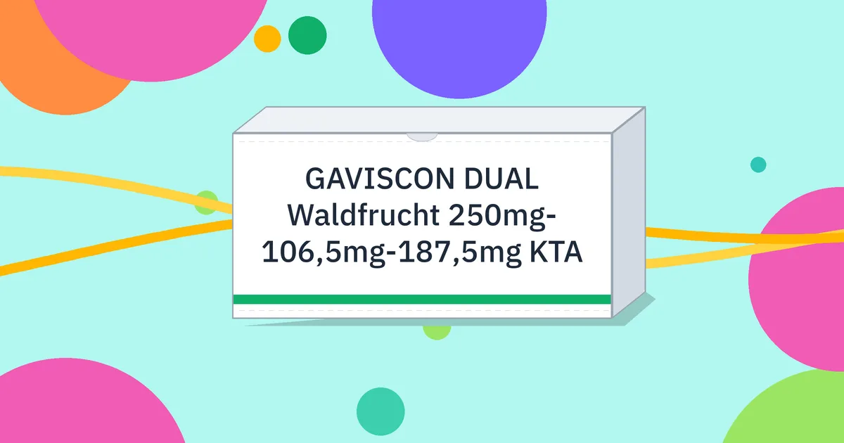 Symbolbild: Packung mit der Aufschrift GAVISCON DUAL Waldfrucht 250mg-106,5mg-187,5mg KTA (PZN 20033102) – Verfügbarkeit und Bezug in Apotheken in Frankfurt am Main